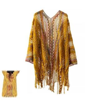 Generic Poncho boh&egrave;me hippie style arc-en-ciel crochet dentelle poncho surdimensionn&eacute; femme tricot vintage ethnique pompon ray&eacute; poncho ch&acirc;le, jaune, Taille un