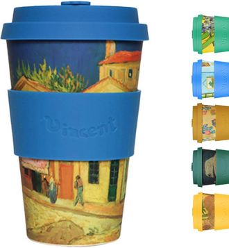 Ecoffee Cup Van Gogh Collection wiederverwendbarer, umweltfreundlicher Kaffeebecher auf 100 % pflanzlicher Basis, 400 ml, mit Silikondeckel und H&uuml;lle, melaminfrei