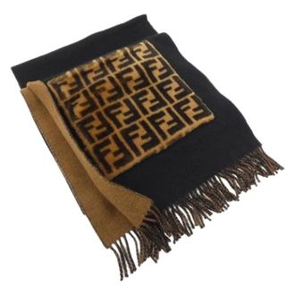Fendi &Eacute;charpe en cachemire m&eacute;lang&eacute; avec application en shearling et imprim&eacute; FF - Pr&eacute;-loved - Femme - Pre-owned - Brun - Taille: ONE Size