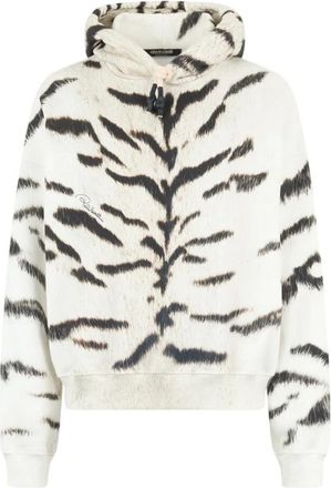 Roberto Cavalli Femme, Sweatshirts et sweats &agrave; capuche, Blanc, Taille: 38 FR Tigresse Print Sweat &agrave; capuche