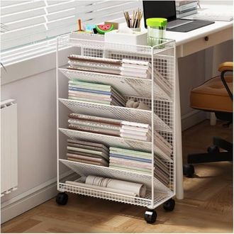 Generic Biblioth&egrave;que roulante &agrave; 6 &eacute;tag&egrave;res, Chariot de biblioth&egrave;que Moderne en m&eacute;tal Blanc avec roulettes verrouillables, &eacute;l&eacute;gante for Magazines, dossiers et 