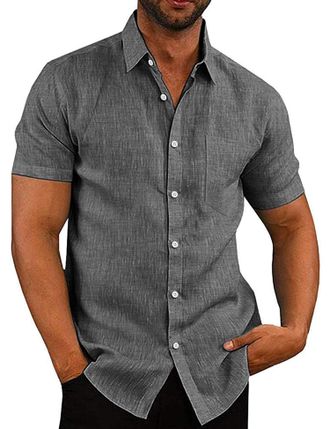 Coofandy Coofandy Herren Casual Leinen Button Down Hemd Kurzarm Strand Hemd, Kurzarm - Schwarz, X-Groß