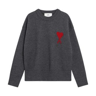 Ami Heart Crewneck Sweater - - Knitwear - Herren - Grau - L