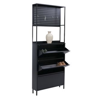 Mendler Schuhschrank HWC-O86, Schuhregal Schuhkipper, 3 Kippf&auml;cher Ablage Haken Metall 201x80x20cm - schwarz