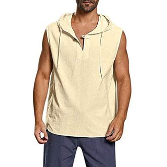 Generic Chemise d&eacute;t&eacute; en coton et lin pour homme - Haut dentra&icirc;nement en lin &agrave; capuche - D&eacute;bardeur uni en coton - Hauts de plage sans manches - Chemisier baggy