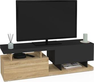 IDMarket Meuble TV 140 cm ANGULO 2 Portes Effet Bois et Noir