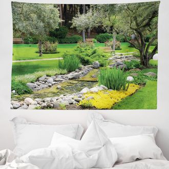 Abakuhaus Garten Wandteppich, Japanische Park Landschaft aus Weiches Mikrofaser Stoff Waschbar ohne Verblassen Digitaldruck, 150 x 110 cm, Gelb Grün