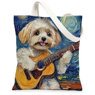 Generic Sac fourre-tout en toile pour le shopping Motif chien maltais 33 x 38 cm, motif guitare &eacute;toil&eacute;e, sac d&eacute;picerie r&eacute;utilisable pour femme, animal de comp