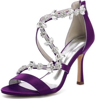 Generic Chaussures De Mari&eacute;e Femmes Aiguille Talon Heel Ouvert Bout Dress Satin&eacute;e Hauts Sandales Mariage Chaussures 9.5 CM,Dark Purple,36 EU