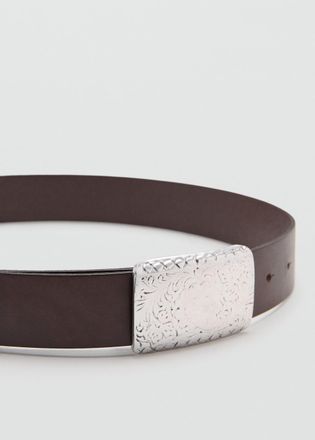 Mango Ceinture cuir boucle grav&eacute;e chocolat - Femme - S - MANGO