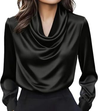 Generic Chemisier &eacute;l&eacute;gant &agrave; manches longues pour femme - Chemisier festif en satin - Col cascade - D&eacute;contract&eacute; - Couleur unie - T-shirt &agrave; manches longues - Po