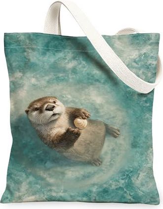 Generic Sacs fourre-tout en toile motif loutre mignon, motif animal de loc&eacute;an artistique, sacs d&eacute;picerie r&eacute;utilisables, l&eacute;gers et lavables, turquoise, 13x15 I