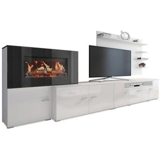 Skraut Home Wohnm&ouml;bel mit elektrischem Kamin mit 5 Flammenstufen, Oberfl&auml;che Mattwei&szlig; und Hochwei&szlig; lackiert, Ma&szlig;e: 290 x 170 x 45 cm tief - Skraut Home