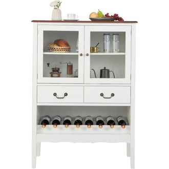 Costway Costway - Buffet de Cuisine &agrave; 2 Portes Vitr&eacute;es avec 2 Tiroirs Porte-Bouteilles, Meuble de Rangement &Eacute;tag&egrave;re R&eacute;glable Dispositif Anti-basculement pour