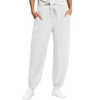 Generic Nuoke pantalon fluide femme &eacute;t&eacute;,Pantalon large en lin pour, d&eacute;contract&eacute;, ample, taille haute, pour la plage, avec poches Short Pyjama Carreaux (White,