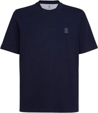 Brunello Cucinelli Homme, Tops, Bleu, Taille: S T-shirt en jersey avec logo