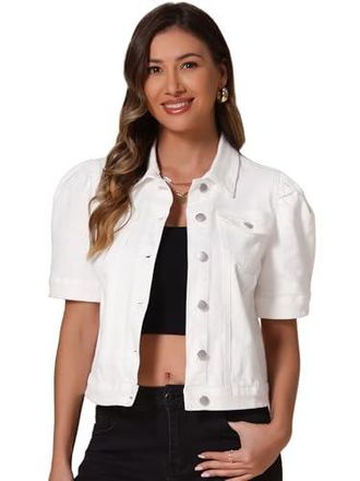 Allegra K Veste en Jean Femme Boutonnage Blouson en Denim D&eacute;contract&eacute;e Manches Courtes Bouffantes avec Poches &agrave; Rebats Blanc XL