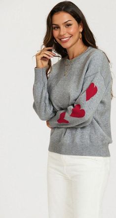 FS Collection Strickpullover Damen Strickpullover in Grau mit Herzmuster an den &Auml;rmeln (Einheitsgr&ouml;&szlig;e: UK 8-14 / EU 36-44) 56 % Viskose, 26 % Polyester und 18 % Wol