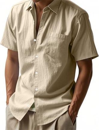 Generic Chemise à manches courtes en coton et lin pour homme - Décontractée et légère - Pour les vacances, la plage, lété - Avec poche - Chemises amusantes po