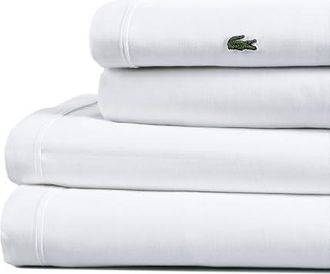 Lacoste Bettlaken-Set, 100% Baumwollperkal, atmungsaktiv, kühlend und in Hotelqualität, Tiefe Taschen, leicht anzubringen, Öko-Tex-Zertifiziert, Weiß, Doppelb