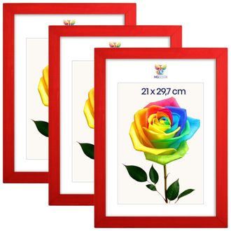 MG Design 3er Set Bilderrahmen A4 21 x 29,7 cm - Fotorahmen mit Rot Echtholzrahmen und bruchsicherem Acrylglas, Hoch & Quer zum Aufh&auml;ngen, zum Aufstellen