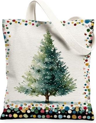 Generic Sacs fourre-tout en toile, motif arbre de No&euml;l, sacs d&eacute;picerie r&eacute;utilisables, color&eacute;s, l&eacute;gers et lavables avec bandouli&egrave;re pour les vacances, Blanc, 1