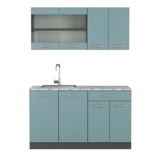Vicco Singlek&uuml;che R-Line, K&uuml;chenzeile Single, Blau-Grau/Anthrazit, 140 cm, AP Marmor