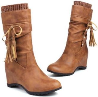 Generic Bottes Femme Mi-Mollet Souples avec Gland Et Revers en Tricot Bout Rond Talons Compensés Moyens Dessus en Cuir PU Durable À Enfiler Chaussures Automne