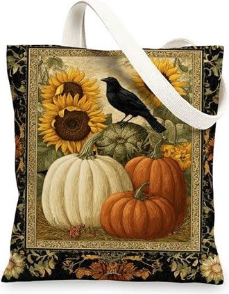 Generic Harvest Sacs fourre-tout en toile avec motif citrouille vintage, réutilisables, légers et lavables avec bandoulière pour voyage, extérieur, plage, piq