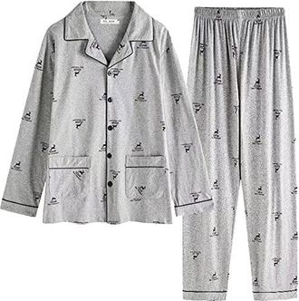 Generic Pyjama homme long coton poignets : combinaison dint&eacute;rieur pour hommes XXXL avec boutonni&egrave;re chemise de nuit + pantalon de pyjama 2 pi&egrave;ces v&ecirc;tements de