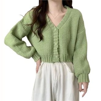 Generic Cardigan fin &agrave; col en V boutonn&eacute; d&eacute;contract&eacute; pour femme, Vert, taille unique