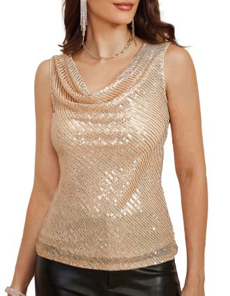 Grace Karin Ladies Sparkle Shimmer Elegant Tunika-Oberteil Einfarbiges Ärmelloses Wasserfall Ausschnitt Club Sequin Tank Top Roségold L