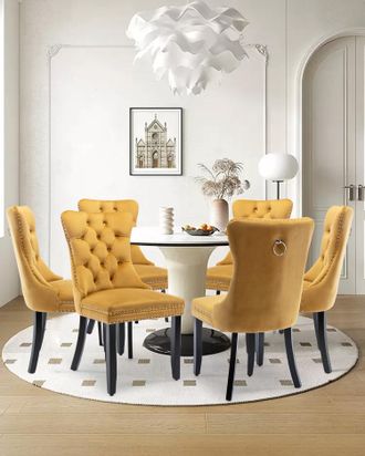 Generic Samtgepolstertes, Getuftetes Esszimmerstuhl-Set Mit Nagelkopfbesatz Und Beinen Aus Massivholz - Beige (für Esszimmer, Küche, Restaurant)(Gold,Set of 6