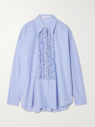 Tibi Chemise En Popeline De Coton &Agrave; Fines Rayures Et &Agrave; Volants - Bleu