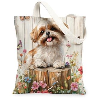 Generic Spring Shih Tzu Sac fourre-tout en toile pour faire du shopping 33 x 38,1 cm, sac d&eacute;picerie r&eacute;utilisable pour femme, motif animal de compagnie, d&eacute;cora