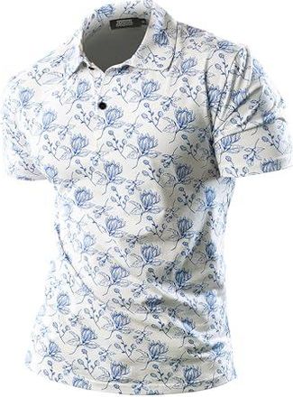 JOGAL Polo de golf à manches courtes pour homme - Motif floral - Pour lété - Coupe droite - Pour le sport et lextérieur, blanc/bleu, XL