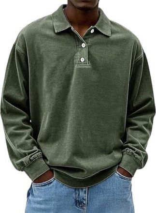 Generic Polo &agrave; manches longues pour homme - Coton d&eacute;lav&eacute; vieilli - Design d&eacute;contract&eacute; &agrave; boutons - Couleur unie - T-shirt d&eacute;t&eacute; pour les loisirs et les activit&eacute;