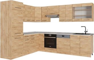 Vicco Eckküche Fame-Line, Goldkraft Eiche, 227 x 60 cm, AP Marmor