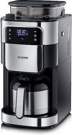 Severin Cafetière avec broyeur intégré 1 000 W, Machine à café programmable avec minuteur, Cafetière filtre avec verseuse isotherme dune contenance de 8 tasse