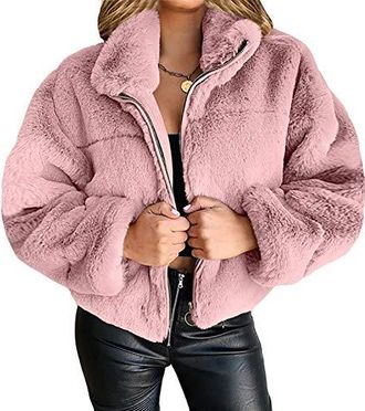 Onsoyours Manteau Femme Casual Chaud Peluche Oversize Lapel Manches Longues Court Veste Cardigan Blouson Devant Ouvert Couleur Unie Outwear Automne Hiver B Rose