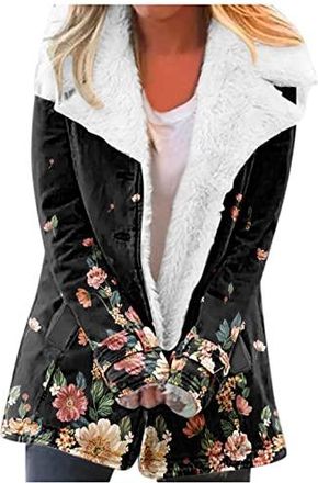 Generic Vestes chaudes pour femmes 2026 - Manteau dhiver &agrave; revers imprim&eacute; - Manches longues - Grande taille - Manteau dext&eacute;rieur avec poche, Noir, M