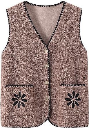 Generic Vestes pour femme 2026 - Chaud et confortable - En fausse peau de mouton - Avec motif floral - Col en V - Sans manches - Avec poches boutonn&eacute;es, kaki,