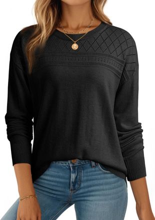 Dokotoo Damen Strickpullover Langarm Rundhals Pullover Elegant Lochmuster Wollpullover Pulli Herbst Winter Feinstrick Oberteile Bluse Tops, schwarz, 2XL