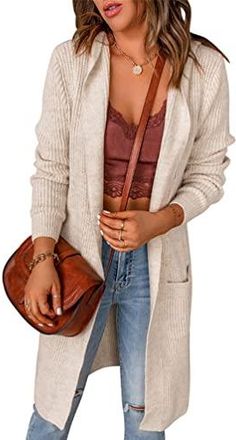 Minetom Femme Cardigan Pull Tricot Automne Hiver Manches Longues Gilet Pullover Long Manteau Veste à Capuche A Beige L