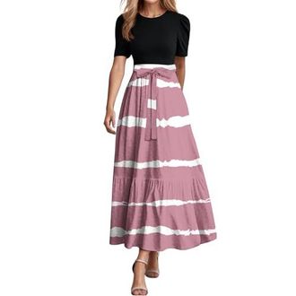 Generic Robe d&eacute;t&eacute; pour femme - Imprim&eacute; floral - Manches courtes - Robe maxi patchwork &agrave; volants - Robe trap&egrave;ze, Rose, XXL