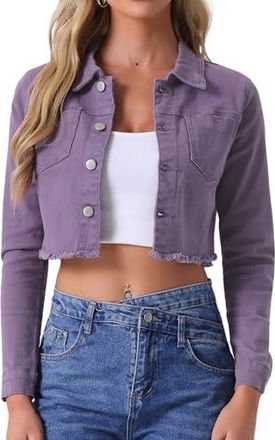 Allegra K Femmes Jean Veste Effiloch&eacute; Boutonn&eacute;e Washed Tondu Denim Veste Mauve L