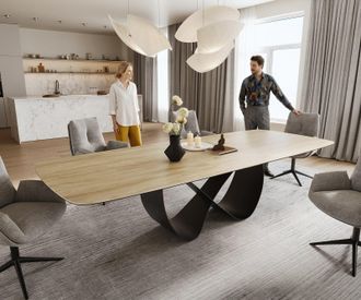 DELIFE Esstisch Edge Boot 240-300x120 cm Keramik Laminam Sabbia Eichefarbig Infinity Metall Schwarz ausziehbar, Esstische