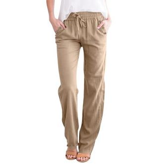 Generic Pantalon en coton et lin pour femme - Jambe large - Pantalon de plage d&eacute;t&eacute; pour femme - Confortable - Pantalon de yoga Palazzo XIYU26057, kaki, 3XL