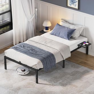 Vasagle Doppelbettgestell, Bettrahmen, Bettgestell aus Metall, mit Aufbewahrungsregalen, Gästebett, passend für 90 x 200 cm Matratze, einfache Montage, tinten