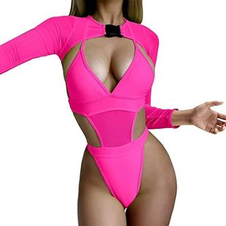 Generic Tenues de rave, 2 pi&egrave;ces pour femmes, body fluo, haut court &agrave; manches longues en maille avec boucle pour festival, club, f&ecirc;te, rose, XS